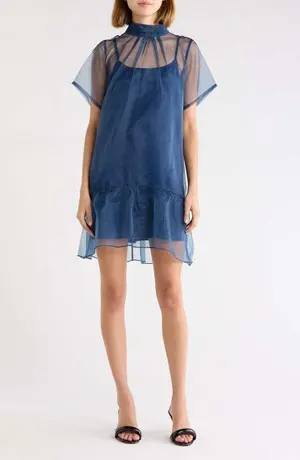 SUGARLIPS Berny Mock Neck Organza Minidress - Navy