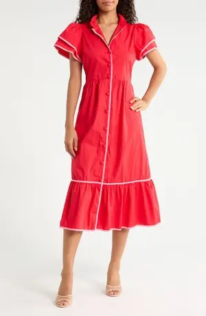 SUGARLIPS Davie Contrast Trim Cotton Shirtdress - Red