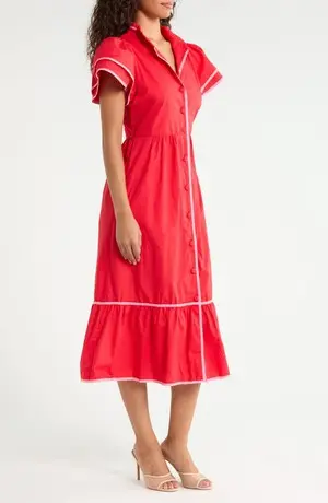 SUGARLIPS Davie Contrast Trim Cotton Shirtdress - Red
