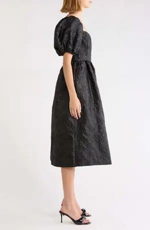 SUGARLIPS Metallic Floral Jacquard Puff Sleeve Dress - Black