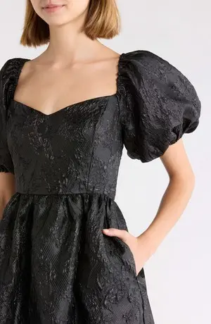 SUGARLIPS Metallic Floral Jacquard Puff Sleeve Dress - Black