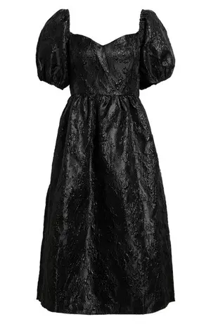 SUGARLIPS Metallic Floral Jacquard Puff Sleeve Dress - Black