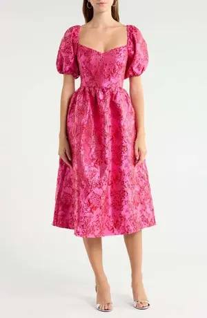 SUGARLIPS Metallic Floral Jacquard Puff Sleeve Dress - Fuchsia