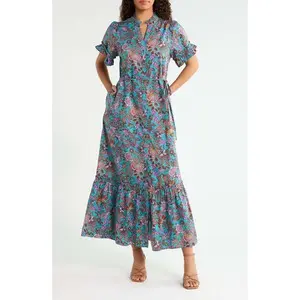 SUGARLIPS Alna Button Up Midi Dress - Teal Multi