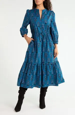 SUGARLIPS Gardena Floral Long Sleeve Cotton Dress - Navy-combo