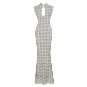 MISS CIRCLE NEW YORK Neutrals Xylona Beige & Gold Crochet Teardrop Neckline Mermaid Maxi Dress - Beige/yellow