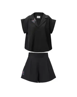 RONDOOZ Hand Painted Blouse And Shorts Set In Linen With Hand Applied Embellishment - Black