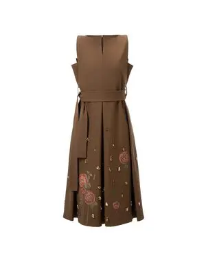 RONDOOZ Hand Painted Twill Gabardine Midi Dress With Hand Applied Embellishment - Brown