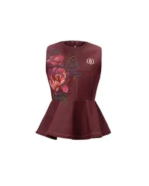 RONDOOZ Hand Painted Denim Peplum Top With Hand Applied Embellishment