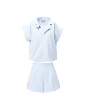 RONDOOZ Hand Painted Linen Blouse And Shorts Set With Hand Applied Embellishment - Blue
