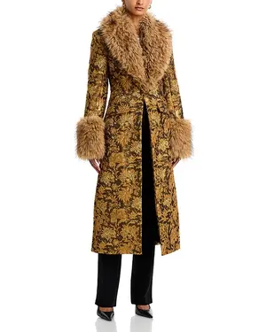 Cinq À Sept Ivella Faux Fur Trim Jacquard Coat