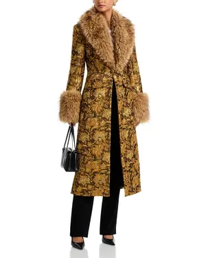 Cinq À Sept Ivella Faux Fur Trim Jacquard Coat