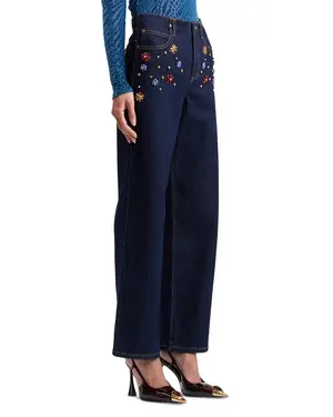 Avec Les Filles Rhinestone Embellished Highrise Wide Leg Jeans