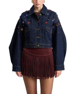 Avec Les Filles Rhinestone Embellished Cropped Denim Trucker Jacket