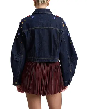 Avec Les Filles Rhinestone Embellished Cropped Denim Trucker Jacket