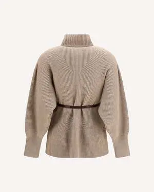 Brunello Cucinelli High Neck Cardigan With Belt - Beige