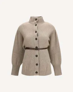 Brunello Cucinelli High Neck Cardigan With Belt - Beige