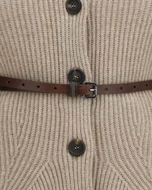 Brunello Cucinelli High Neck Cardigan With Belt - Beige