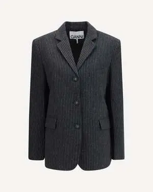 GANNI Pinstripe Wool Blazer - Grey