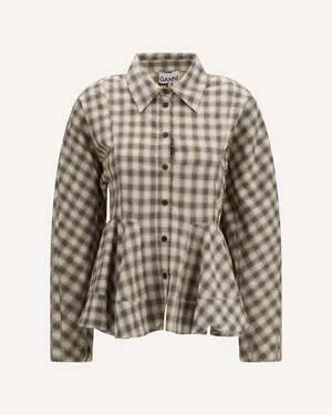 GANNI Check Flannel Peplum Shirt - Beige