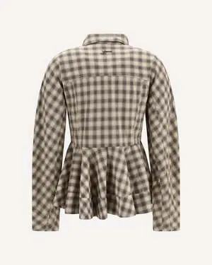 GANNI Check Flannel Peplum Shirt - Beige