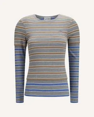 GANNI Double-sleeve Striped Cotton T-shirt Feale - Grey