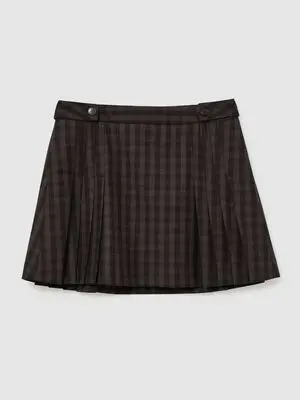 REISS Sandor Wool Check Pleated Mini Skirt