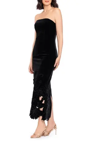 Betsy & Adam Laser Cut Strapless Velvet Gown