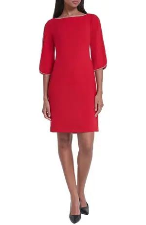 Karl Lagerfeld Paris Pearly Bead Scuba Crepe Sheath Dress - Admiral Red