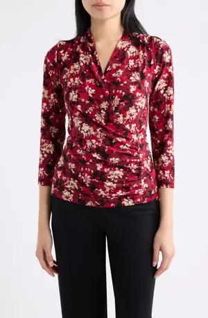 Anne Klein Print Faux Wrap Top - Titian Red Multi