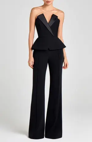 NADINE MERABI Taylor Satin Lapel Strapless Jumpsuit