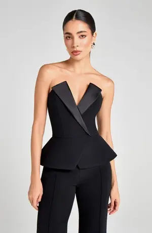 NADINE MERABI Taylor Satin Lapel Strapless Jumpsuit