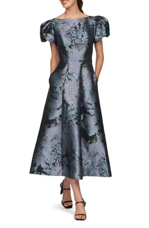KAY UNGER Jennifer Metallic Puff Sleeve Tea Length Dress