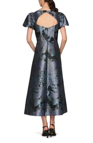 KAY UNGER Jennifer Metallic Puff Sleeve Tea Length Dress