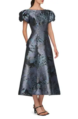 KAY UNGER Jennifer Metallic Puff Sleeve Tea Length Dress