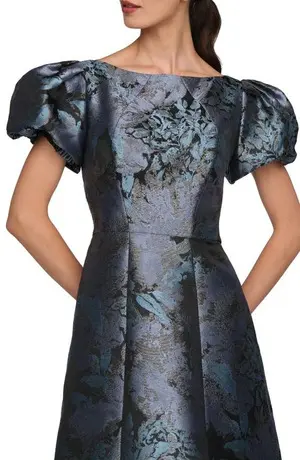 KAY UNGER Jennifer Metallic Puff Sleeve Tea Length Dress