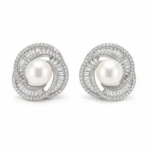 ANGEL BAROCCO Freshwater Pearl Crystal Swirl Stud Earrings - Silver