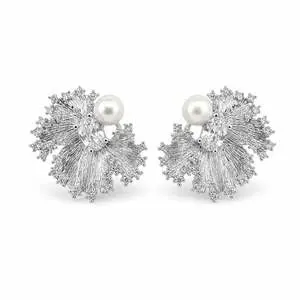 ANGEL BAROCCO Freshwater Pearl Crystal Fan Stud Earrings - Silver