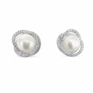 ANGEL BAROCCO Freshwater Pearl Double Halo Stud Earrings - Silver