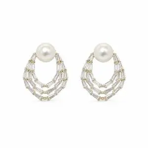 ANGEL BAROCCO Freshwater Pearl Baguette Crystal Stud Earrings - Gold