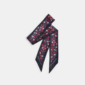 COACH Signature Posey Cluster Print Silk Skinny Scarf - Navy Multi