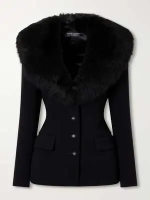 Dolce & Gabbana Peplum Plush-trimmed Wool-blend Jacket - Black