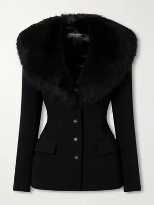 Dolce & Gabbana Peplum Plush-trimmed Wool-blend Jacket - Black