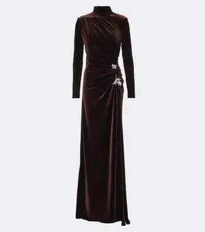 Monique Lhuillier Draped Embellished Velvet Gown - Brown