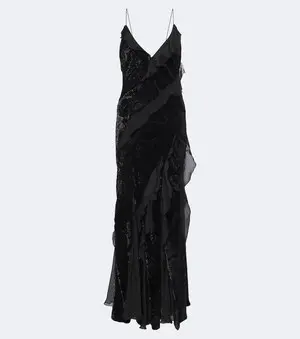 Roberto Cavalli Embellished Ruffled Velvet Gown - Black