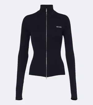 Miu Miu Logo Ribbed-knit Cotton Zip-up Sweater