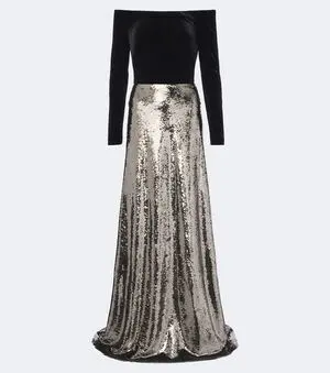 Monique Lhuillier Sequined Velvet-paneled Off-shoulder Gown - Black