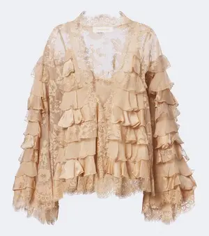Zimmermann Valiant Lace-trimmed Ruffled Silk Blouse - Beige