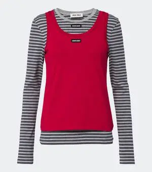 Miu Miu Layered Striped Cotton Jersey T-shirt - Grey