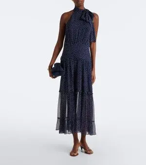 Rixo Abi Polka-dot Tie-neck Midi Dress